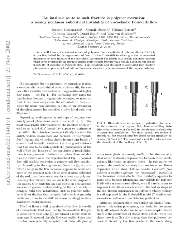 (PDF) An intrinsic route to melt fracture in polymer extrusion: a ...