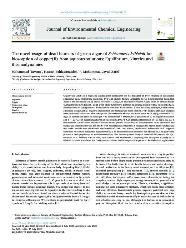 (PDF) The novel usage of dead biomass of green algae of Schizomeris ...