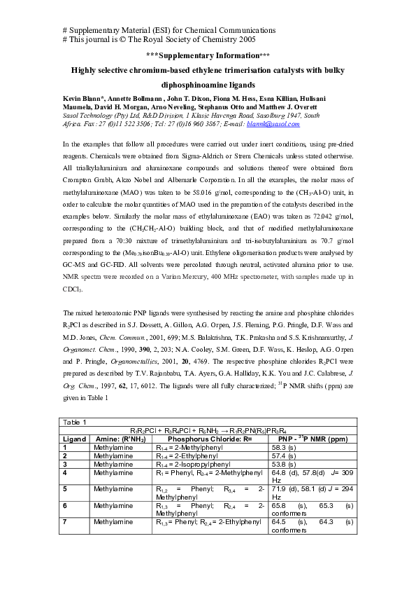 (PDF) Highly selective chromium-based ethylene trimerisation catalysts ...