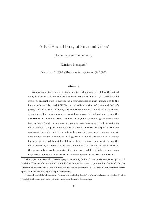 (PDF) A Bad-Asset Theory of Financial Crises