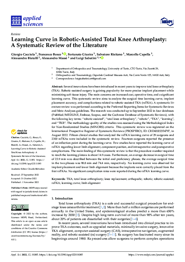 (PDF) Learning Curve in Robotic-Assisted Total Knee Arthroplasty: A Systematic Review of the ...