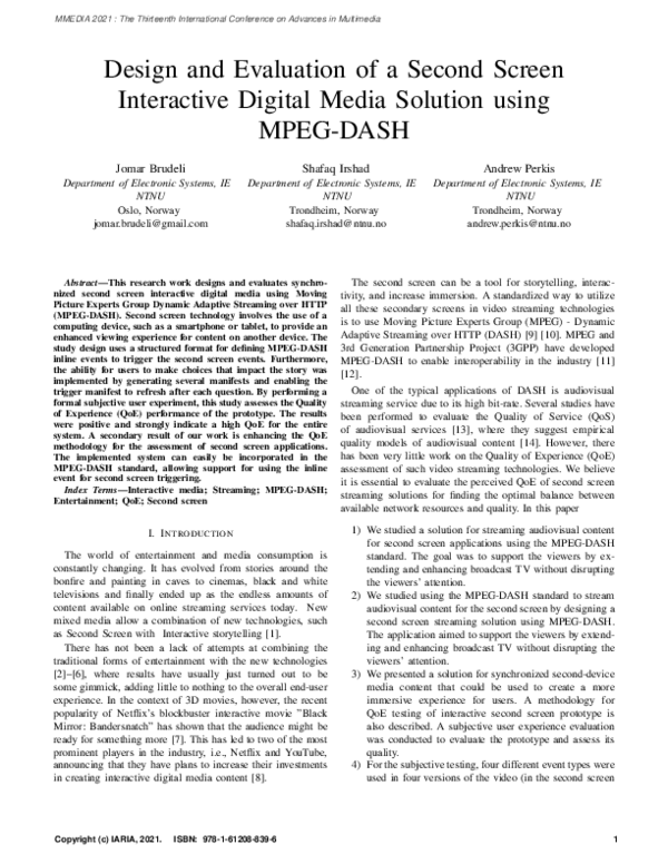 (PDF) Design and Evaluation of a Second Screen Interactive Digital Media Solution using MPEG-DASH