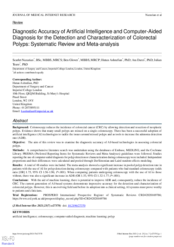 (PDF) Diagnostic Accuracy of Artificial Intelligence and Computer-Aided Diagnosis for the ...