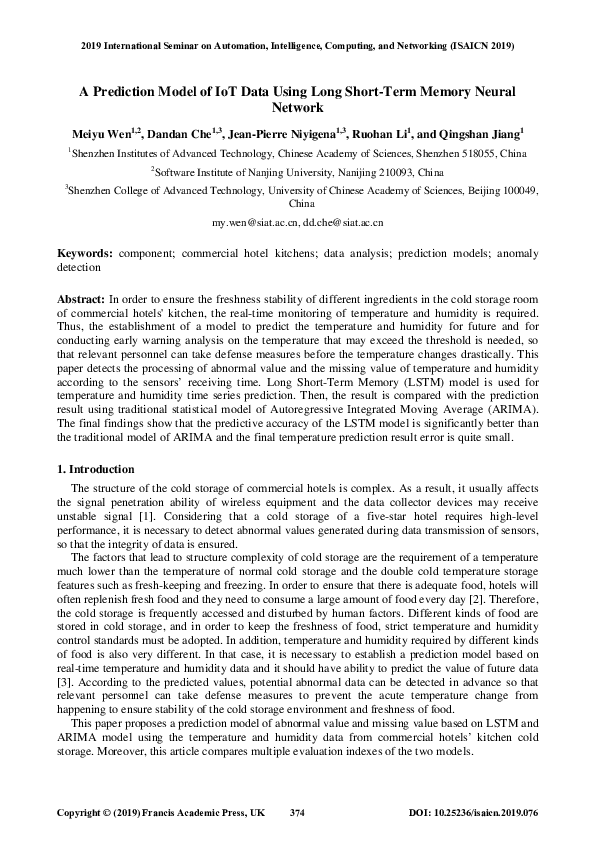 (PDF) A Prediction Model of IoT Data Using Long Short-Term Memory Neural Network