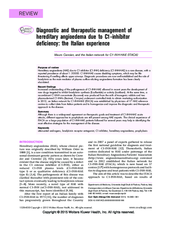(PDF) Diagnostic and therapeutic management of hereditary angioedema ...