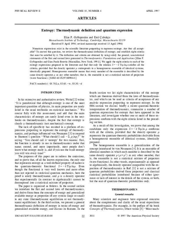 (PDF) Entropy: Thermodynamic definition and quantum expression