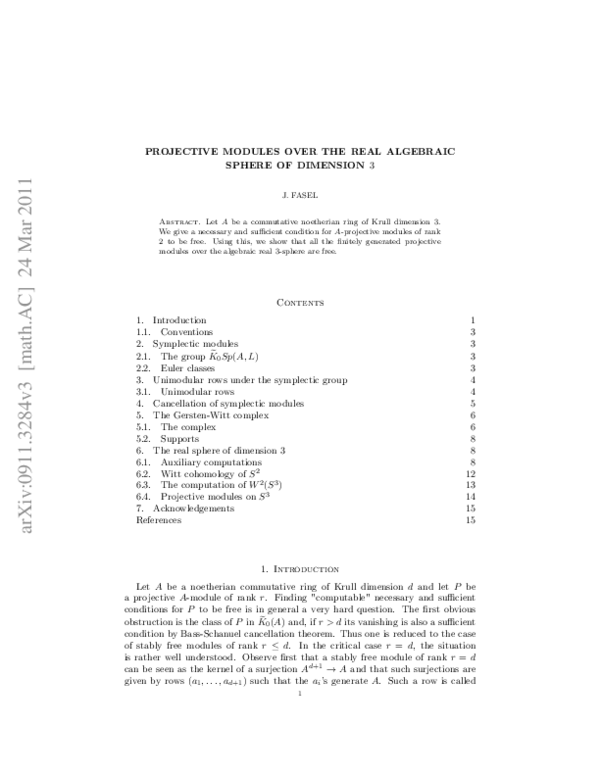 (PDF) Projective modules over the real algebraic sphere of dimension 3