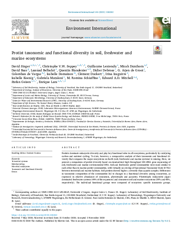 (PDF) Protist taxonomic and functional diversity in soil, freshwater ...