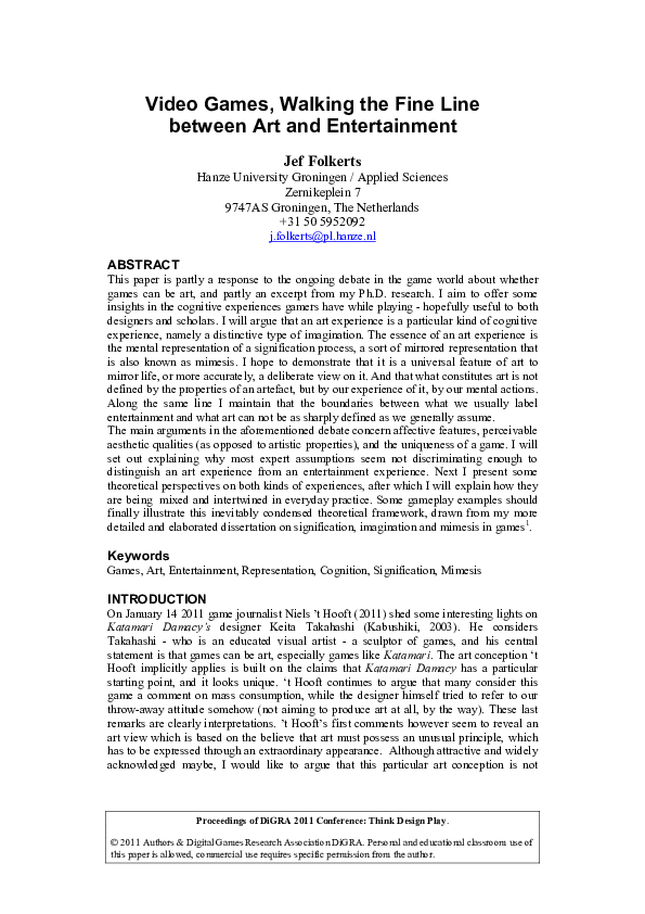 (PDF) Video Games, Walking the Fine Line between Art and Entertainment