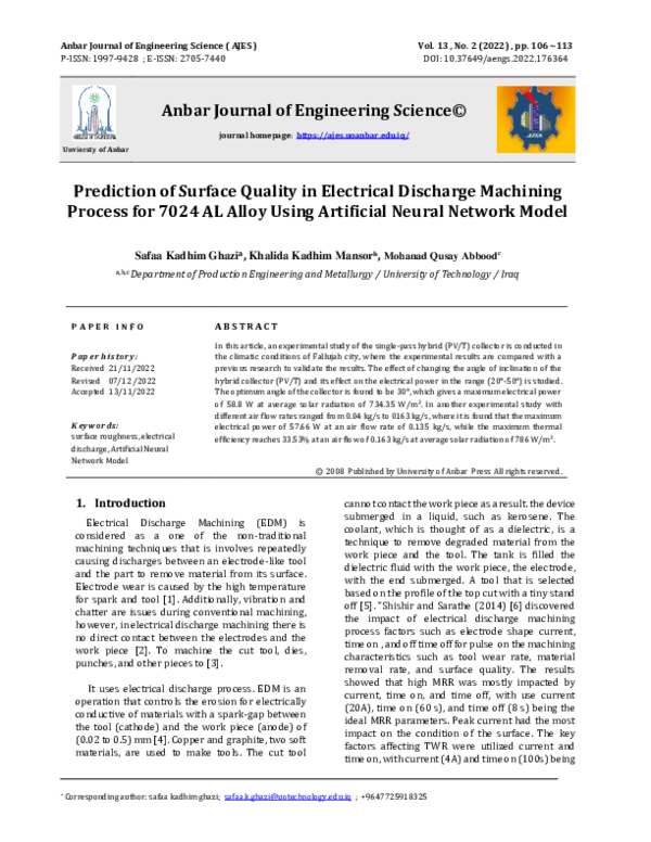 Prediction of Surface Quality in Electrical Discharge Machining Process for 7024 AL Alloy Using ...