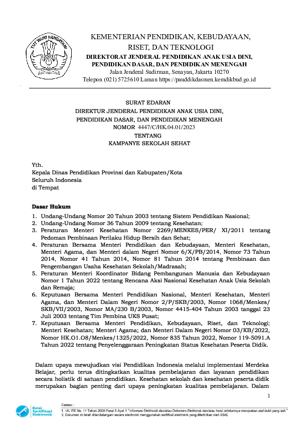 (PDF) SE Dirjen Paud Dikdasmen tentang Kampanye Sekolah Sehat