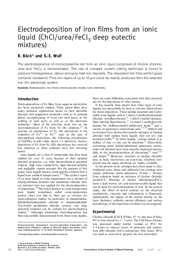 (PDF) Electrodeposition of iron films from an ionic liquid (ChCl/urea/FeCl 3 deep eutectic mixtures)