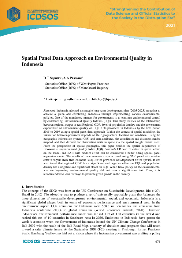 (PDF) Spatial Panel Data Approach on Environmental Quality in Indonesia
