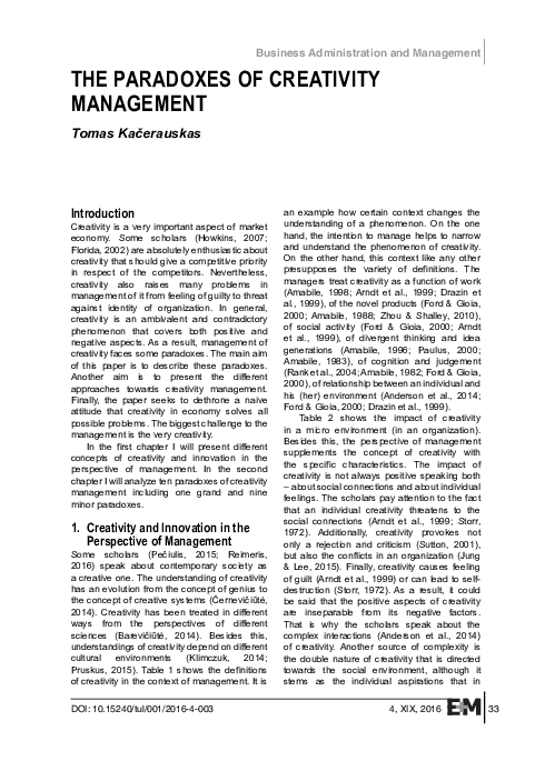 (PDF) The paradoxes of creativity management