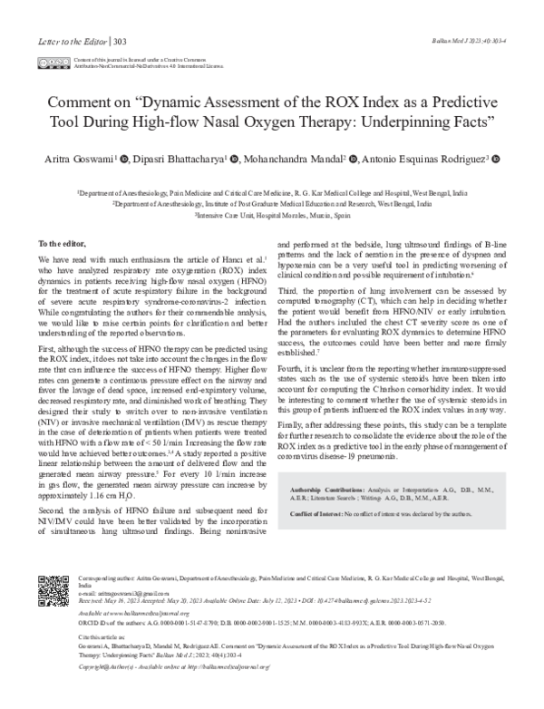 (PDF) Dynamic Assessment of the ROX Index as a Predictive Tool During ...