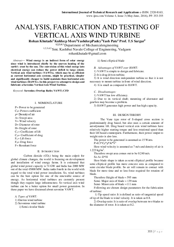 (PDF) ANALYSIS, FABRICATION AND TESTING OF VERTICAL AXIS WIND TURBINE