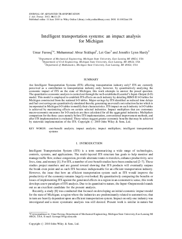 (PDF) Intelligent transportation systems: an impact analysis for Michigan