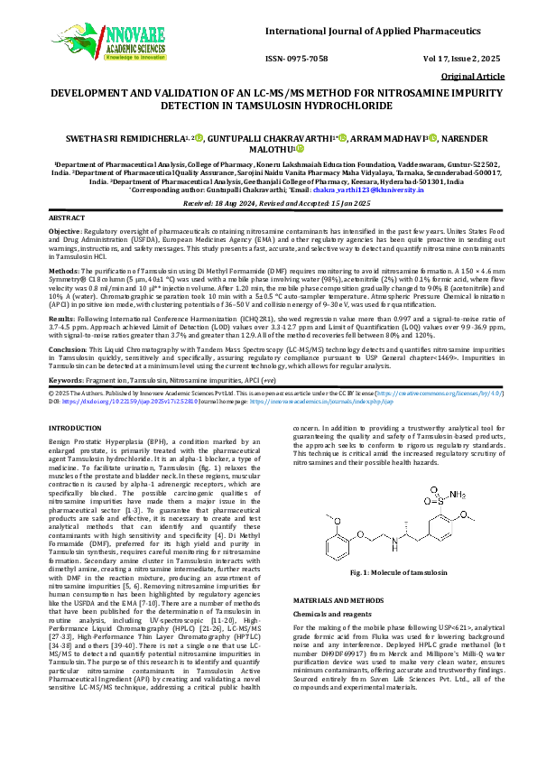 (PDF) DEVELOPMENT AND VALIDATION OF AN LC-MS/MS METHOD FOR NITROSAMINE IMPURITY DETECTION IN ...