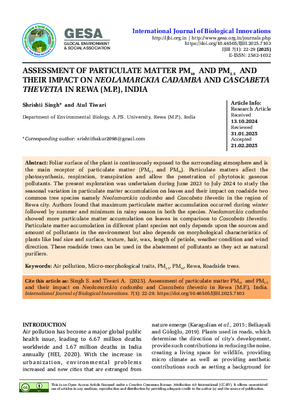 (PDF) Assessment of particulate matter PM10 and PM2.5 and their impact on Neolamarckia cadamba ...