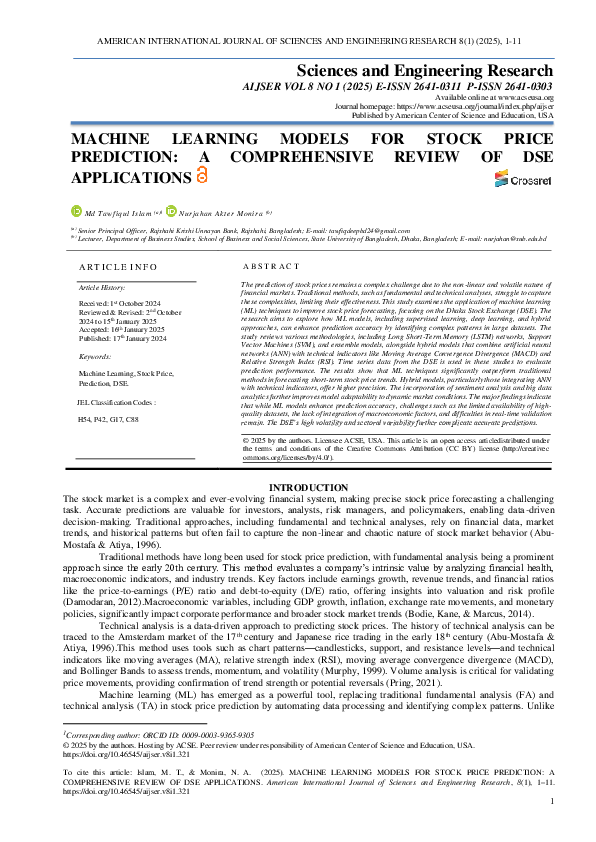 (PDF) MACHINE LEARNING MODELS FOR STOCK PRICE PREDICTION: A COMPREHENSIVE REVIEW OF DSE APPLICATIONS