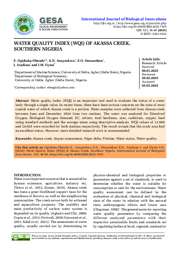 (PDF) Water Quality Index (WQI) of Akassa Creek, Southern Nigeria.