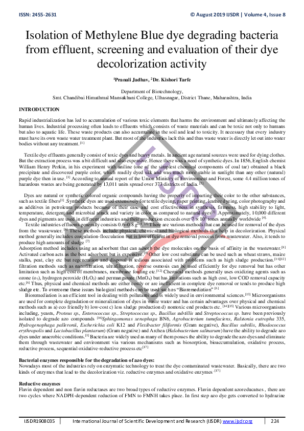 (PDF) Isolation of Methylene Blue dye degrading bacteria from effluent, screening and evaluation ...