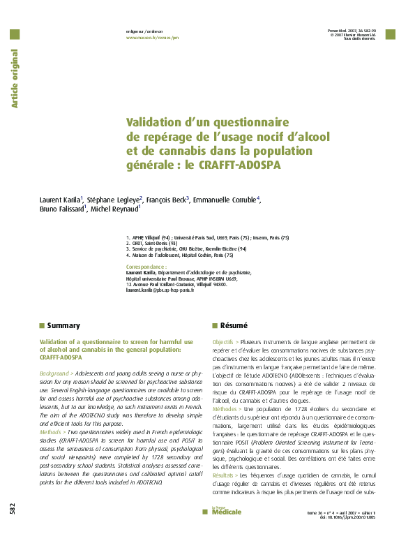 (PDF) Validation d'un questionnaire de repérage de l'usage nocif d ...