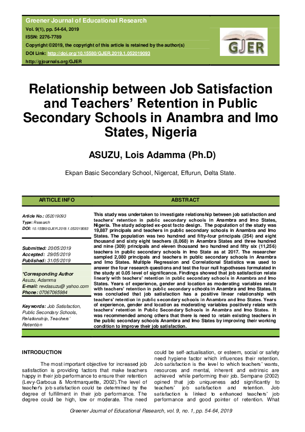 (PDF) Relationship between Job Satisfaction and Teachers’ Retention in Public Secondary Schools ...