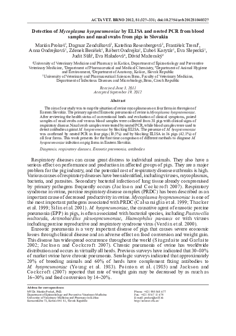 (PDF) Detection of Mycoplasma hyopneumoniae by ELISA and nested PCR ...