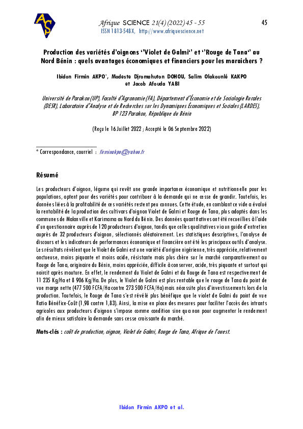 (PDF) Production des variétés d'oignons ''Violet de Galmi'' et ''Rouge ...