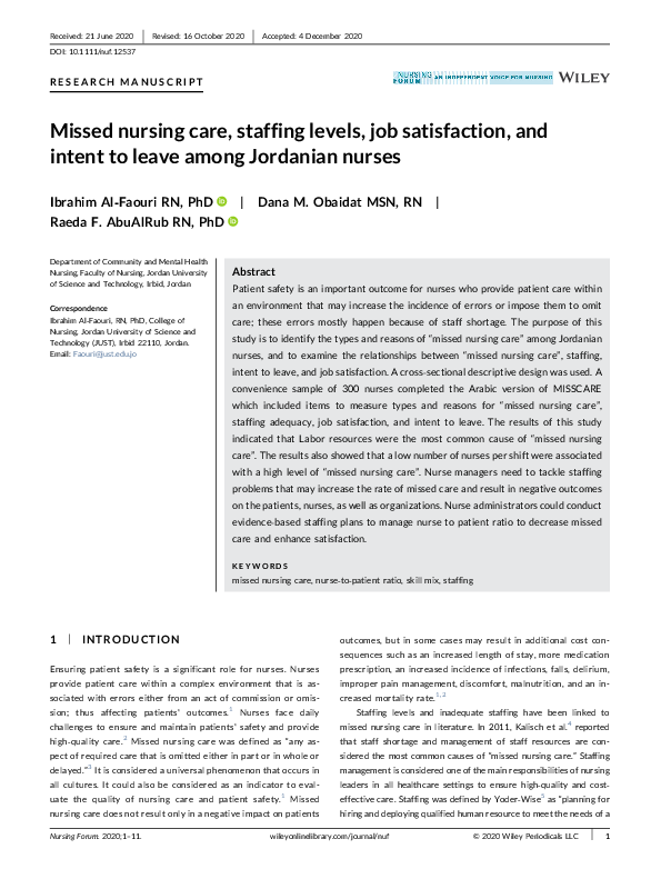 (PDF) Missed nursing care, staffing levels, job satisfaction, and ...
