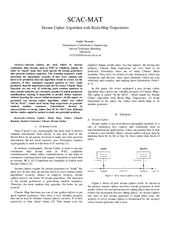 (PDF) SCAC-MAT: Stream cipher algorithm with Ikeda Map trajectories