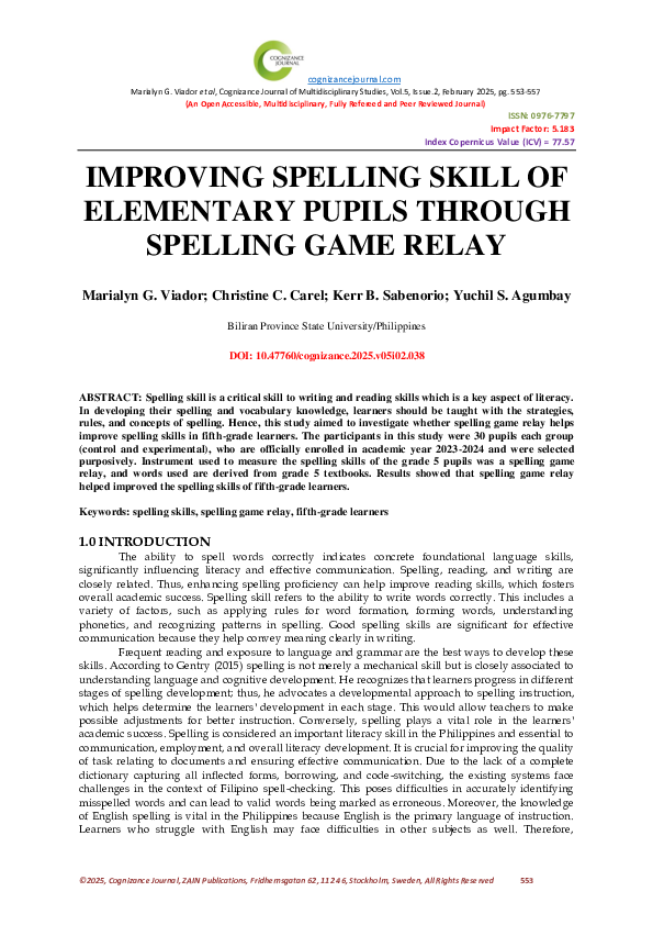 (PDF) IMPROVING SPELLING SKILL OF ELEMENTARY PUPILS THROUGH SPELLING ...