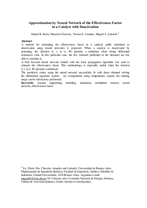 (PDF) Approximation by Neural Network of the Effectiveness Factor in a Catalyst with Deactivation