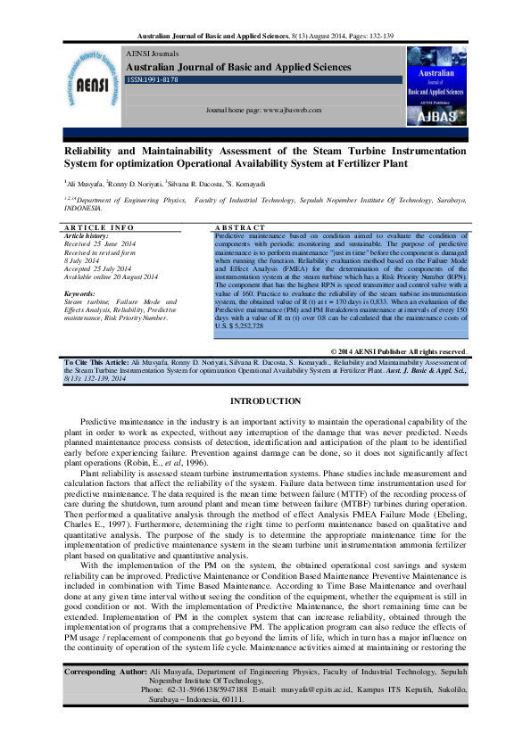 (PDF) Reliability and Maintainability Assessment of the Steam Turbine ...