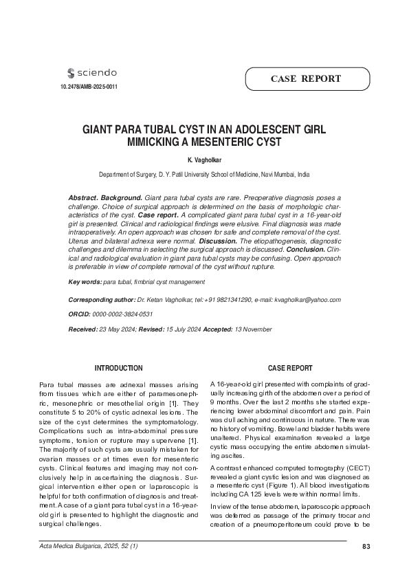 (PDF) GIANT PARA TUBAL CYST IN AN ADOLESCENT GIRL MIMICKING A ...