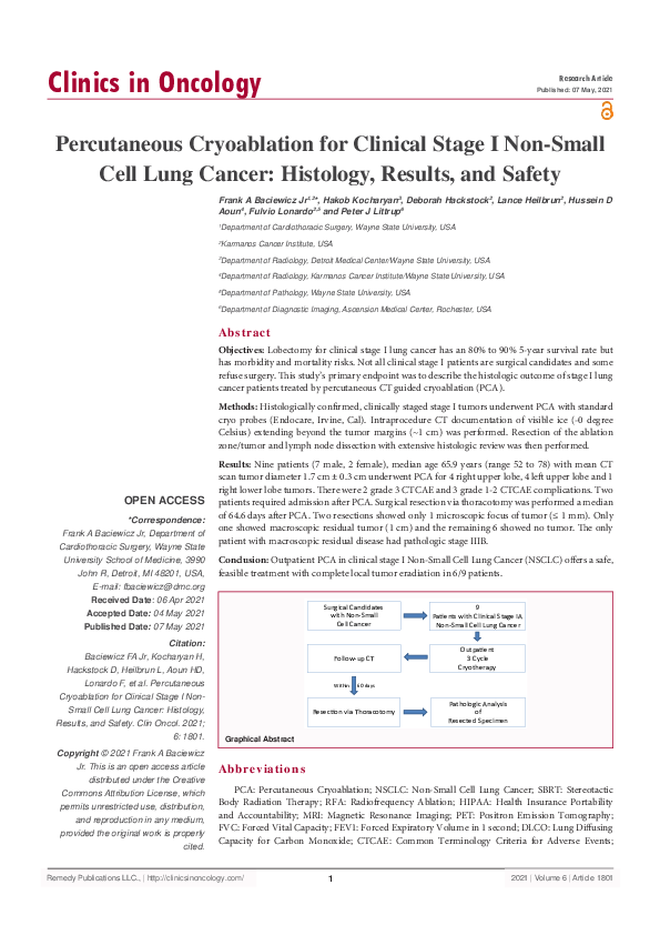 (PDF) Percutaneous Cryoablation for Clinical Stage I Non-Small Cell ...