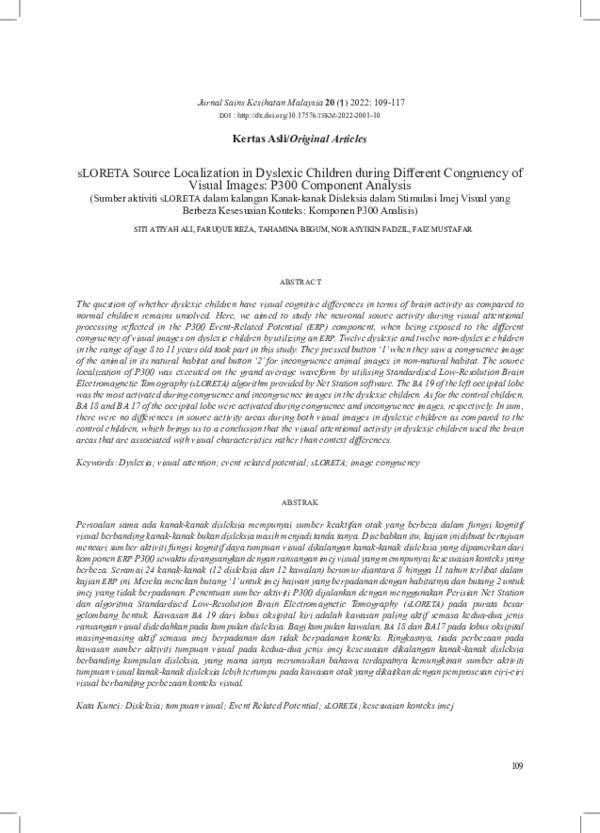 sLORETA Source Localization in Dyslexic Children during Different ...
