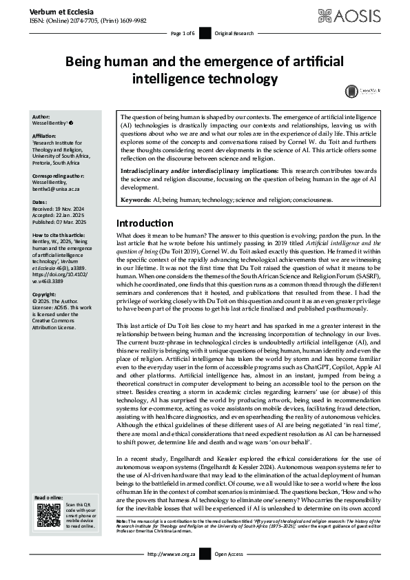 (PDF) Being human and the emergence of artificial intelligence technology