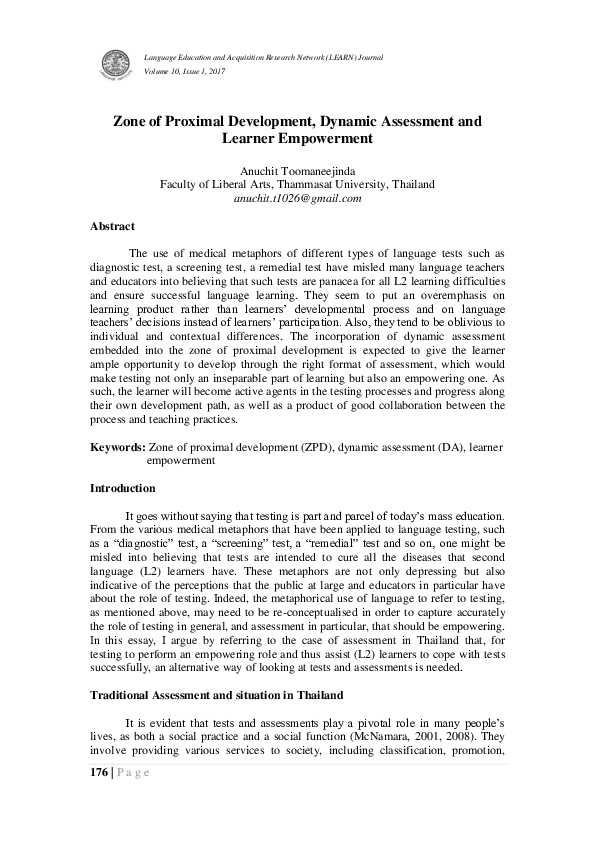 (PDF) Zone of Proximal Development, Dynamic Assessment and Learner Empowerment