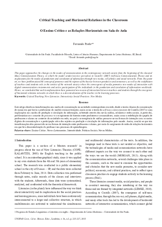 (PDF) Critical Teaching and Horizontal Relations in the Classroom