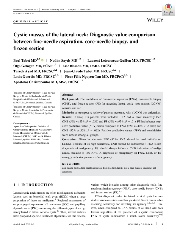 (PDF) Cystic masses of the lateral neck: Diagnostic value comparison ...