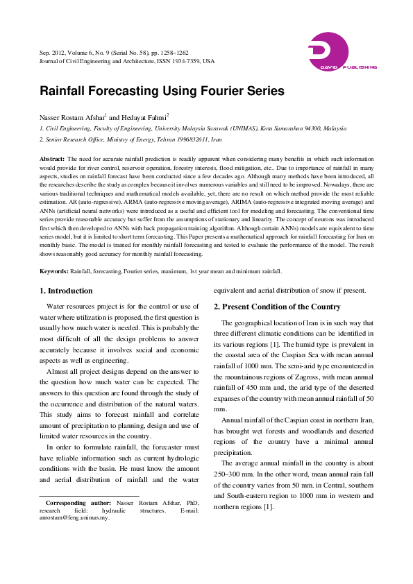 (PDF) Rainfall Forecasting Using Fourier Series