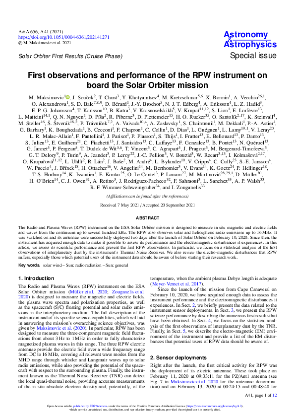 (PDF) First observations and performance of the RPW instrument on board ...