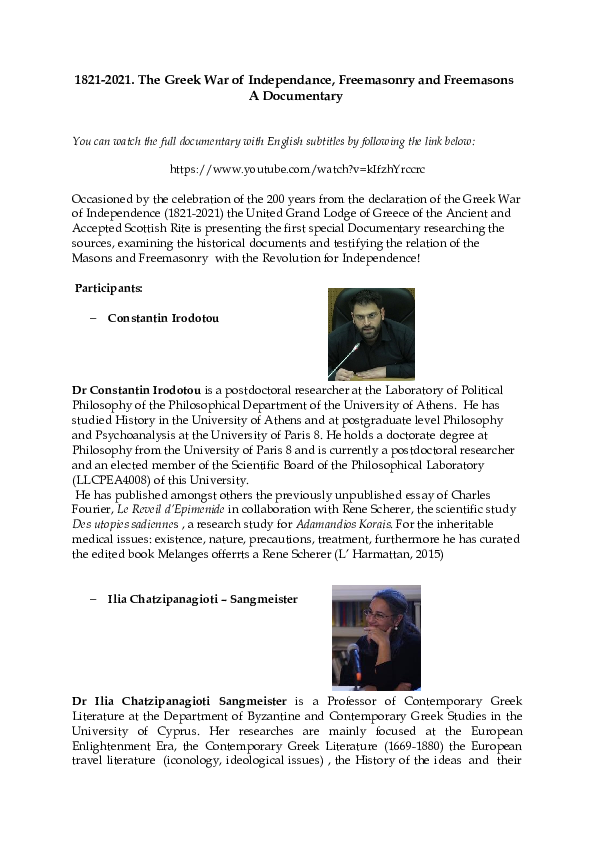 (PDF) 1821-2021. The Greek War of Independance, Freemasonry and ...