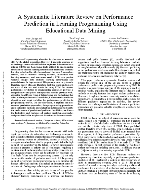 (PDF) A Systematic Literature Review on Performance Prediction in Learning Programming Using ...