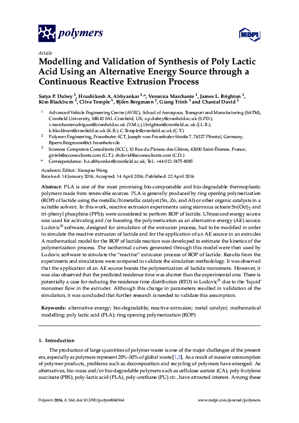 (PDF) Modelling and Validation of Synthesis of Poly Lactic Acid Using an Alternative Energy ...