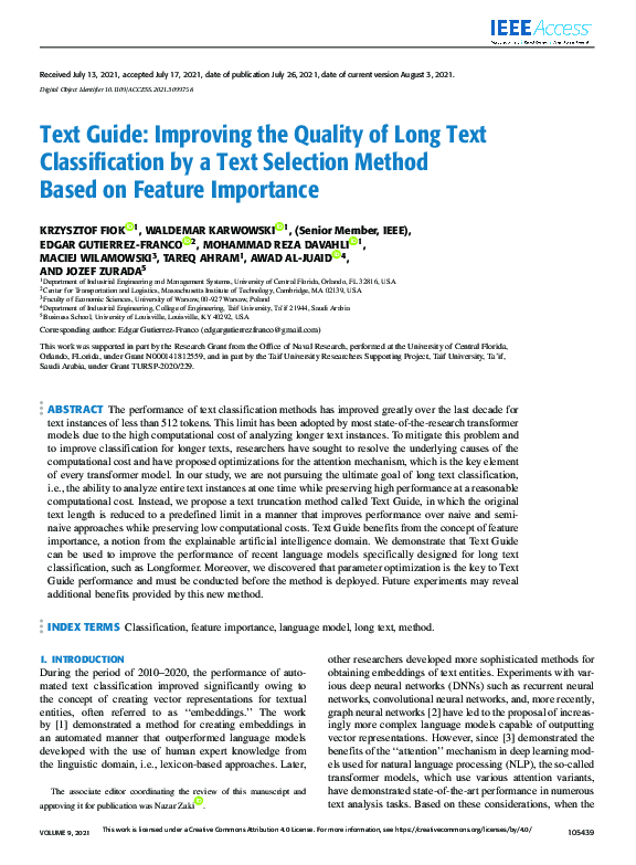 (PDF) Text Guide: Improving the Quality of Long Text Classification by a Text Selection Method ...
