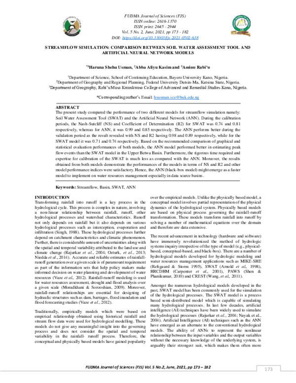 (PDF) STREAMFLOW SIMULATION: COMPARISON BETWEEN SOIL WATER ASSESSMENT TOOL AND ARTIFICIAL NEURAL ...
