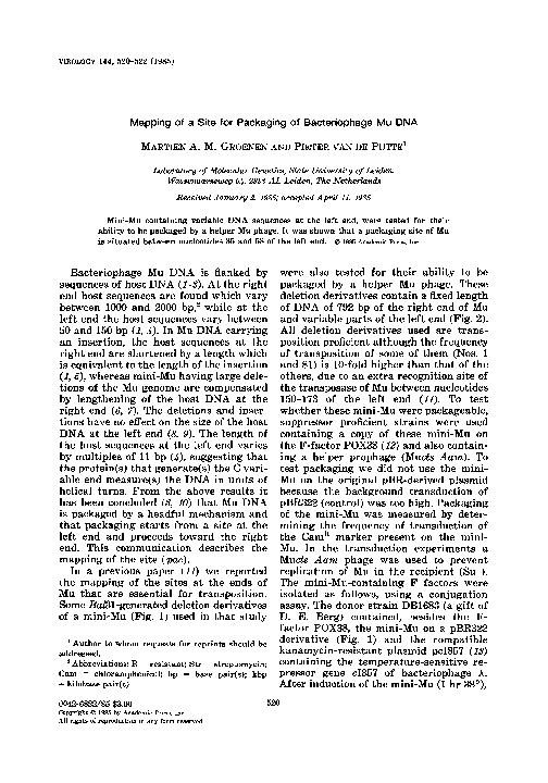 (PDF) Mapping of a site for packaging of bacteriophage Mu DNA